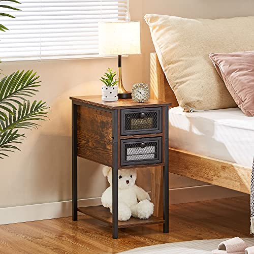 VECELO Flip Top Narrow Side Table with Storage Shelf, Wood Look Accent Furniture for Living Room Bedroom,Brown(Set of 2), 2 Set