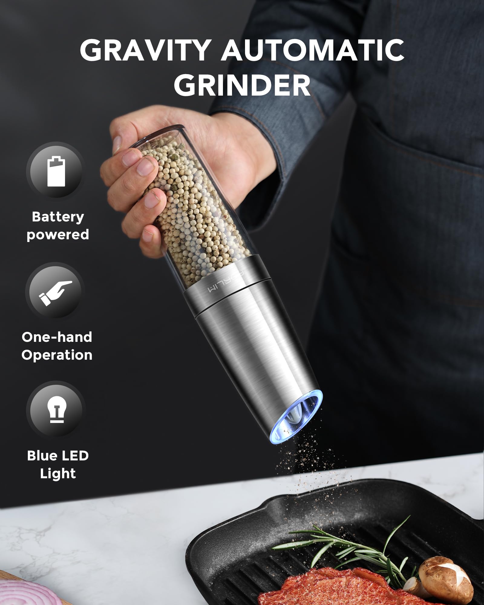 FORLIM Electric Salt and Pepper Grinder Set, Upgraded 9 Oz Large Capacity, Battery Operated Automatic Pepper Grinder Set, Easy to Fill, One Hand Operation, Stainless Steel(Silver)