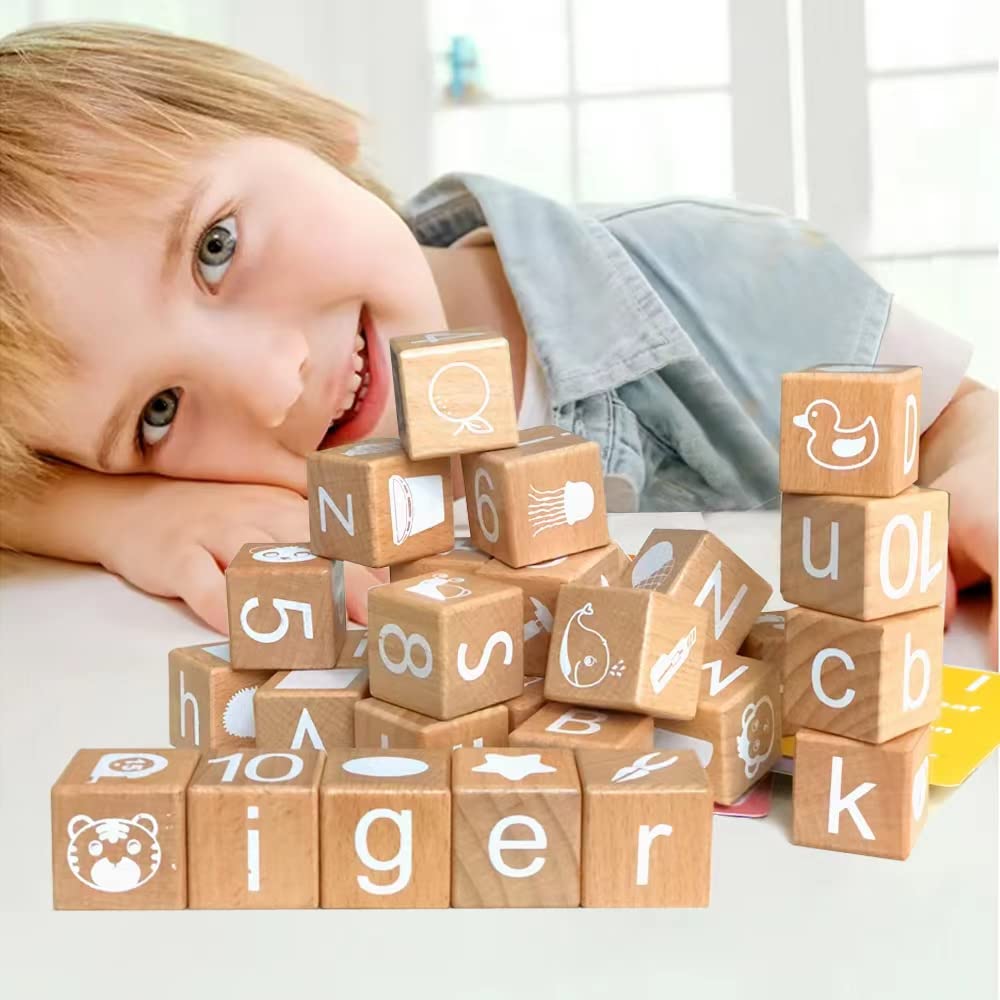 Ciamlir Wooden ABC Building Blocks,Stacking and Building Blocks for 3+ Years Old,Educational Toddler Toys,Counting & Building Block Set, 31 PCS ABC Building Blocks and 51 Learning Cards,Gift for Kids