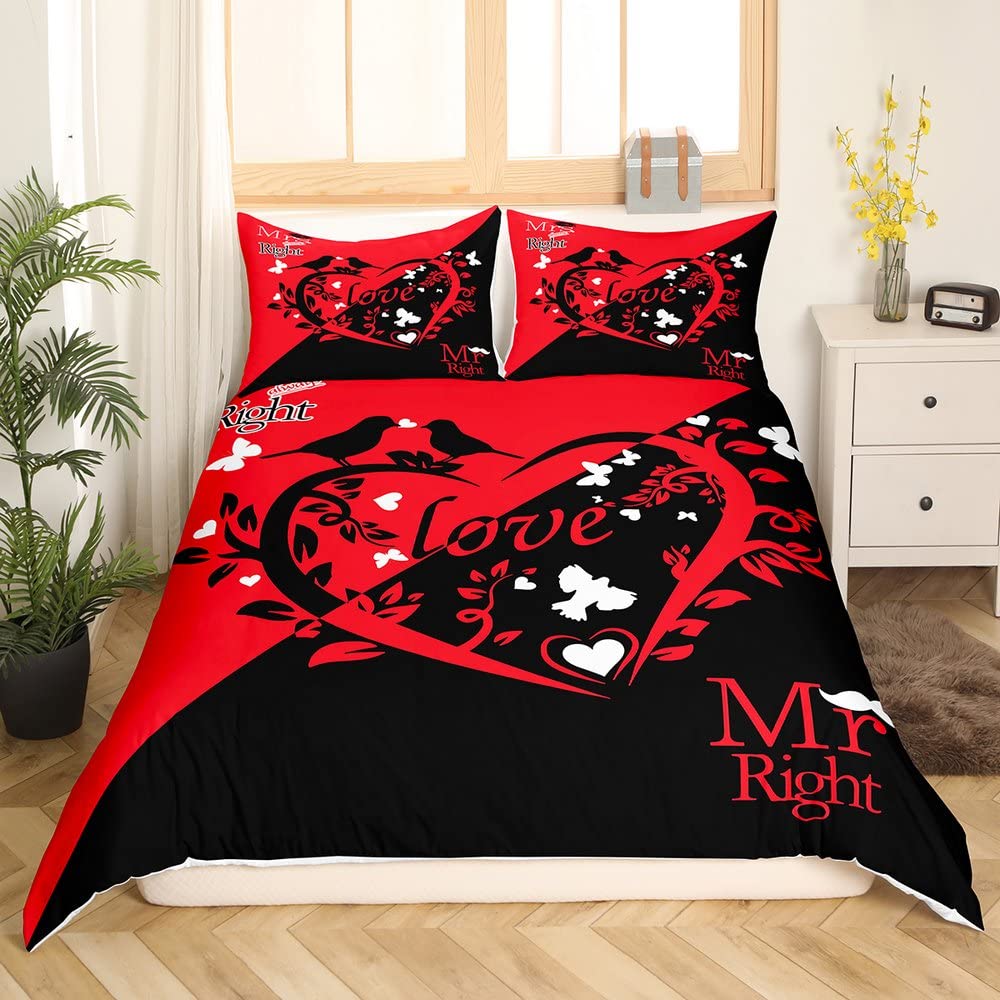 Mr Mrs Bedding Set Black Red Creative Funny Quotes Comforter Cover Couple Men Women Sexy Lip Mustache Duvet Cover Queen and King Romantic Wedding Themed Room Decor 3Pcs Queen Size (No Comforter)