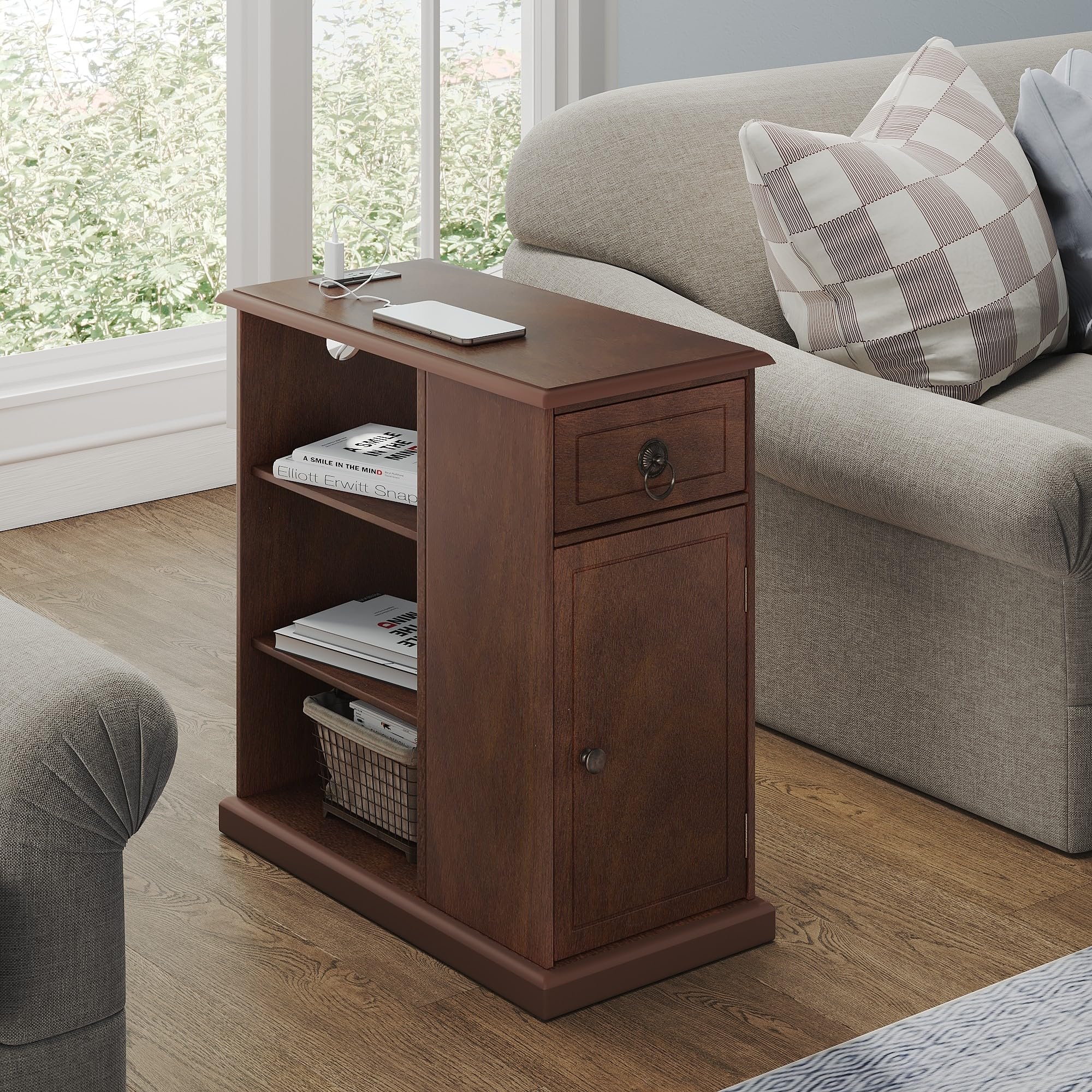 ChooChoo Farmhouse XXL End Table with Charging Station,Narrow Sofa Side Table with Adjustale Shelf, 3 Tier Rustic Night Stand for Small Place Living Room, Cherry Brown