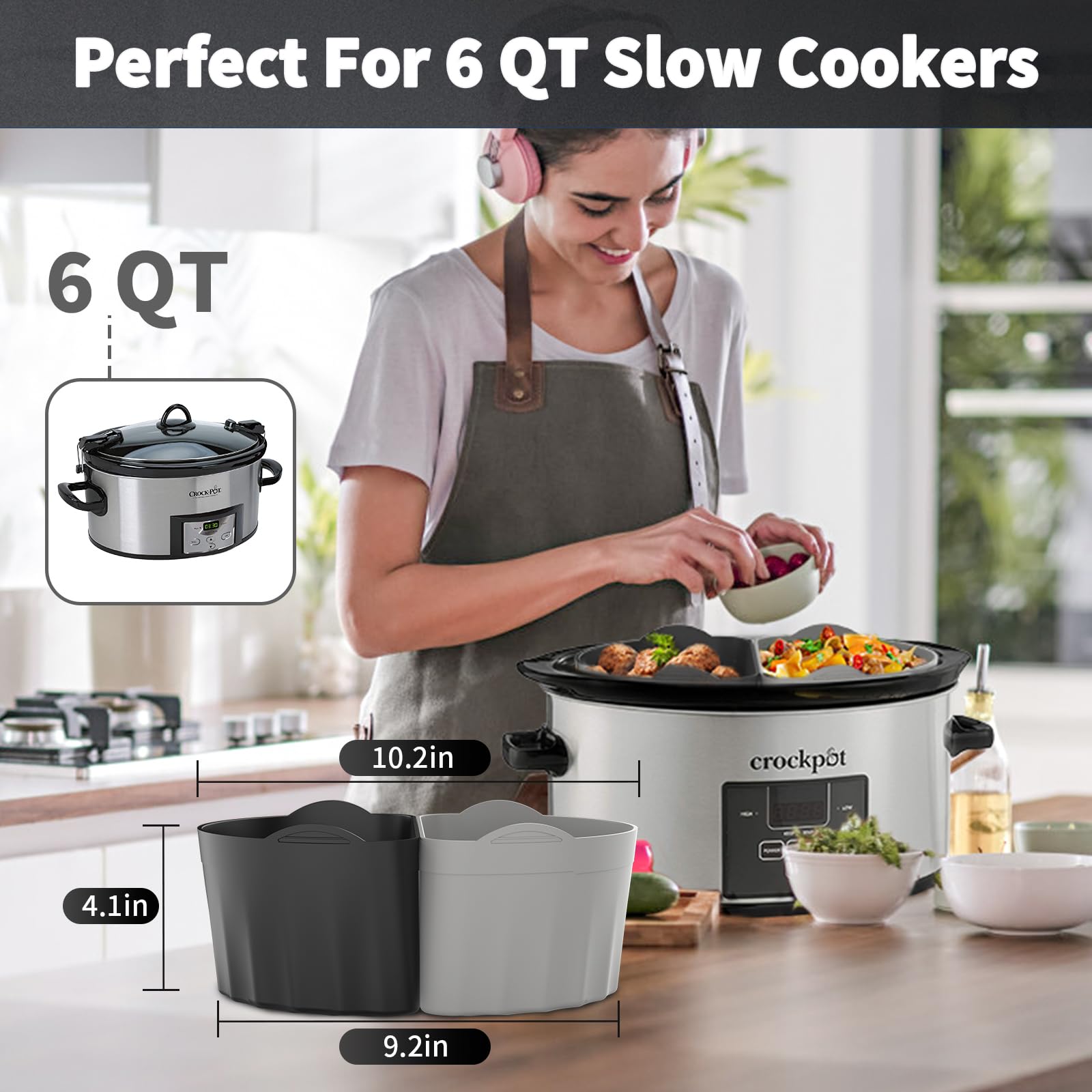 OUTXE Upgraded Slow Cooker Divider Liner fit 6 QT Crockpot, Reusable & Leakproof Silicone Crockpot Divider, Dishwasher Safe Cooking Liner for 6 Quart Pot