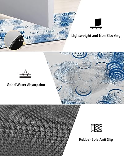 Gogobebe Super Absorbent Diatom Mud Mat Abstract Polypropylene Vintage Texture Blue White Quick-Drying Thin Bath Mat Non-Slip Bathtub Mat Anti-Skid Rubber Bathroom Shower Mat 20x32in