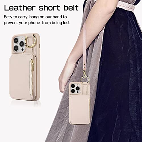 Nunwiza for iPhone 13 Pro Max Case Wallet with Card Holder Shoulder Hand Straps, Crossbody Leather Zipper Handbag Purse Flip Case Compatible with iPhone 13 Pro Max 6.7 Inch Beige