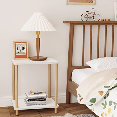 Fixwal Rack Wooden Nightstand Side Table 2-Tier Tall End Table with Storage White Bedside Table for Living Room Bedroom Office No-Tool Assembly