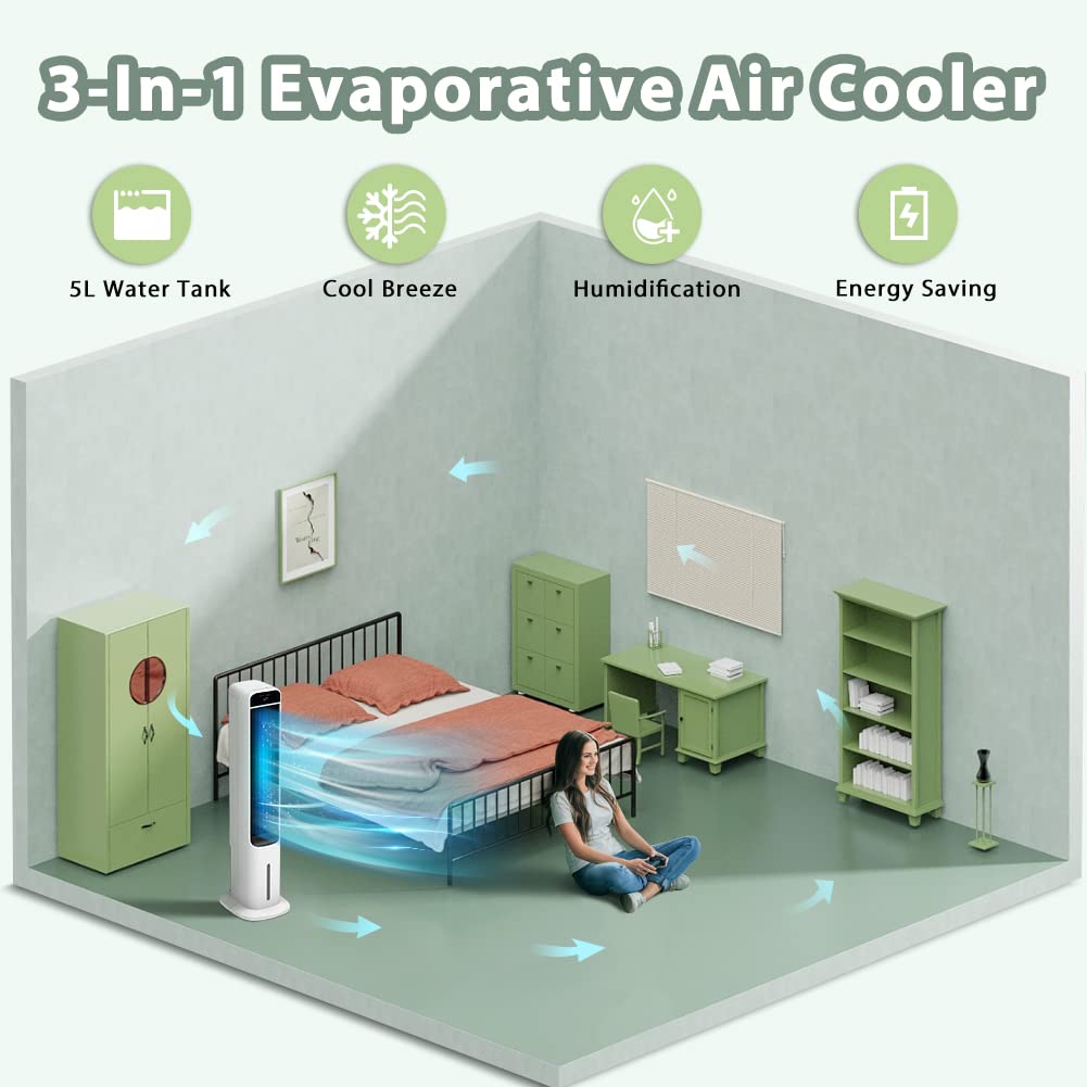 LifePlus Evaporative Cooler Fan, Swamp Bladeless Tower Fan Air Conditioner Portable with Cold Air & Instant Cooling, Top LCD Touch Control Panel, Ideal for Kitchen Bedroom Office