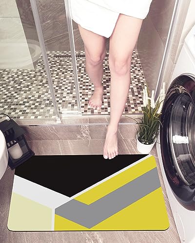 Gogobebe Super Absorbent Diatom Mud Mat Abstract Yellow Geometric Texture Quick-Drying Thin Bath Mat Non-Slip Bathtub Mat Anti-Skid Rubber Bathroom Shower Mat 16x24in