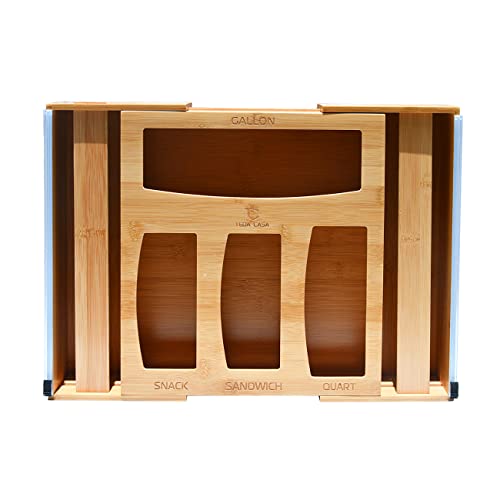 Expandable Bamboo Ziplock Bag Organizer, Drawer Organizer, Slide Cutters for Aluminum Foil and Plastic Wrap, Sandwich and Freezer Bags