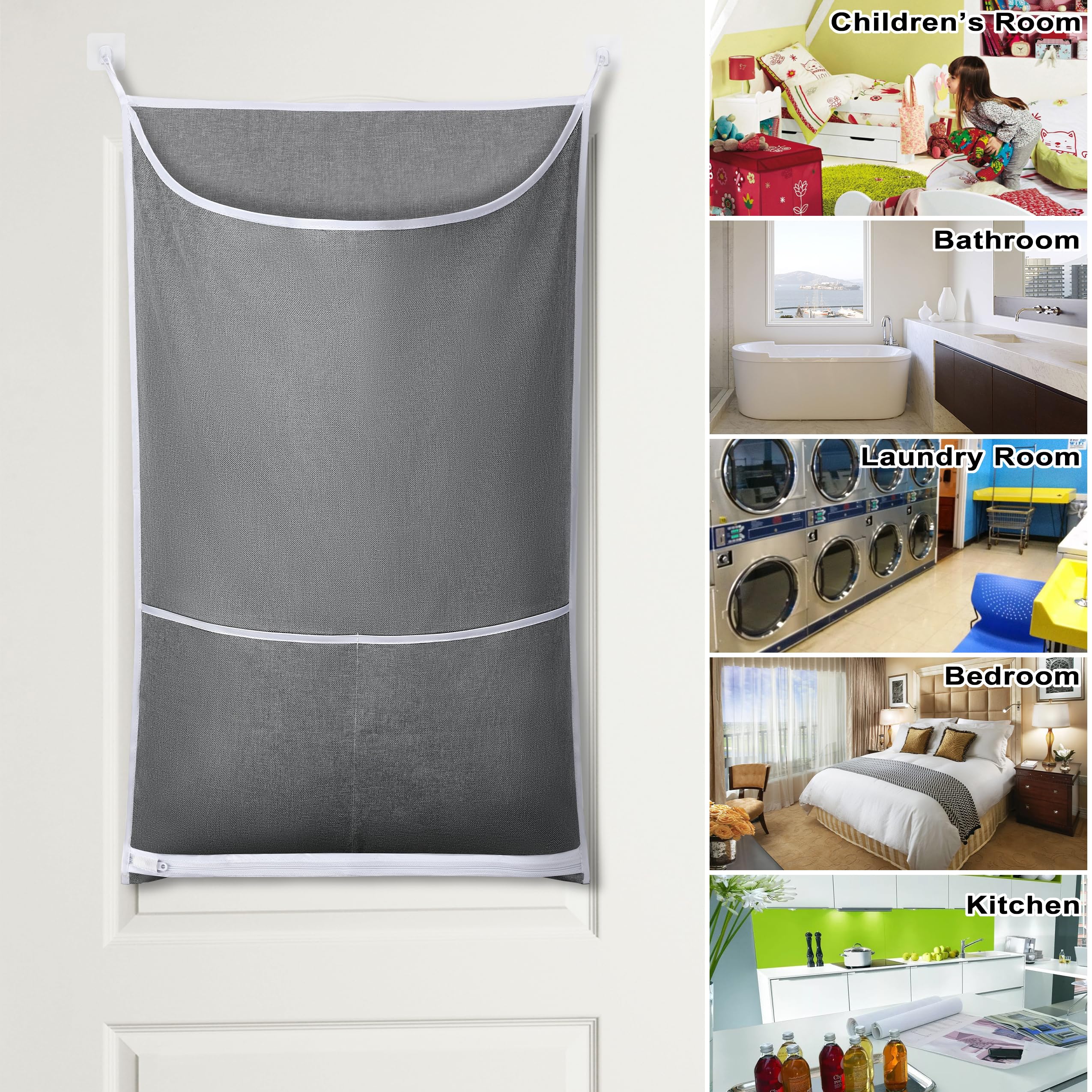 coastal rose Large Hanging Laundry Hamper with Hooks and Adhesive, Space Saving Laundry Bag with Zipper and Wide Open Top for Dirty Clothes Organizer,Door Hanging Hamper for Laundry,Grey,2 Pack