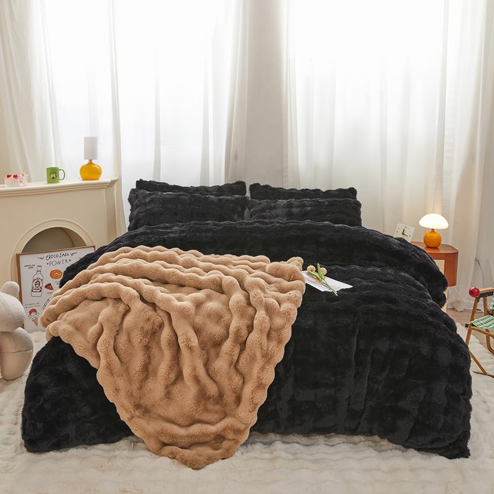 chovy Kids Girls Rabbit Plush Black Bread Grid Comforter Cover Duvet Cover Full - 3PC Faux Fur Bed Set Soft Warm Velvet Flannel Fluffy Fuzzy Bedding(Comforter x 1 Pillowcases x 2)