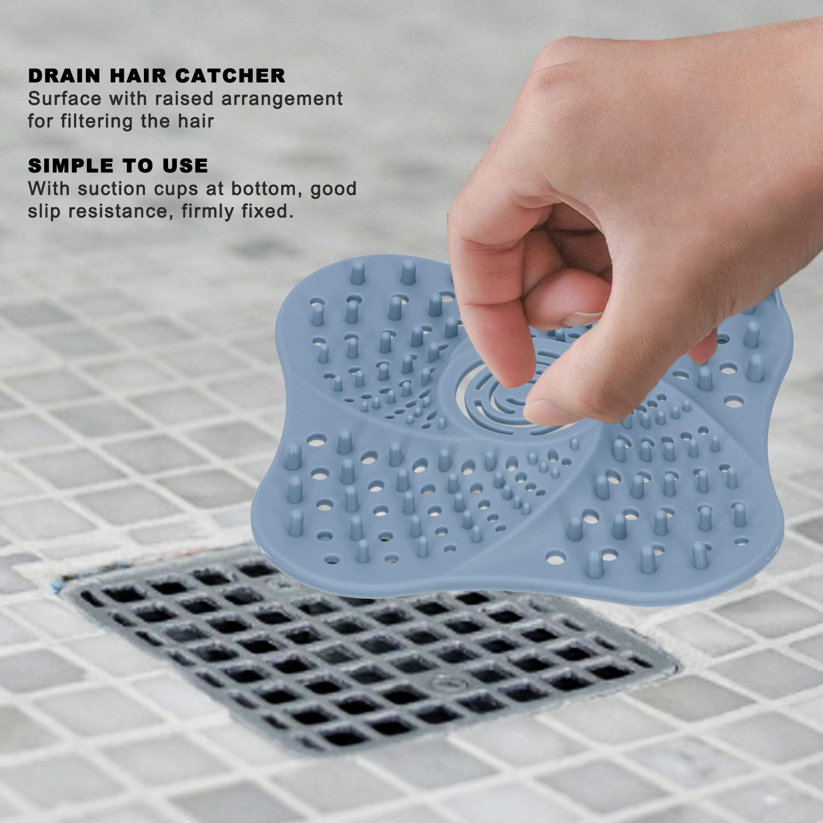 Shower Drain Hair Catcher, Durable Blue Square Hair Stopper Drain Cover, Drain Hair Catcher with Suction Cup for Bathroom Bathtub and Kitchen Easy to Install and Clean