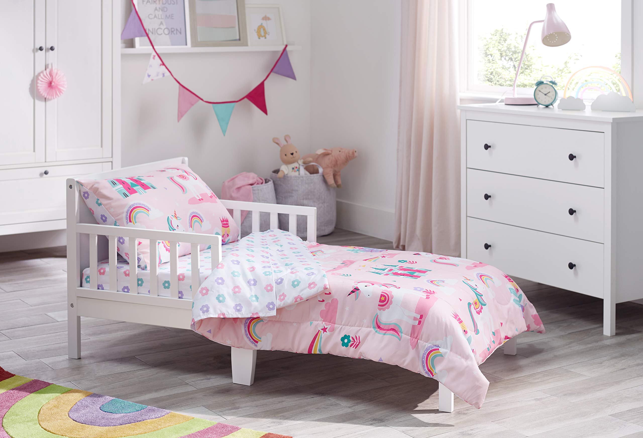 Bloomsbury Mill - 4 Piece Toddler Comforter Set - Magic Unicorn, Fairy Princess & Enchanted Castle - Pink - Kids Bedding Set