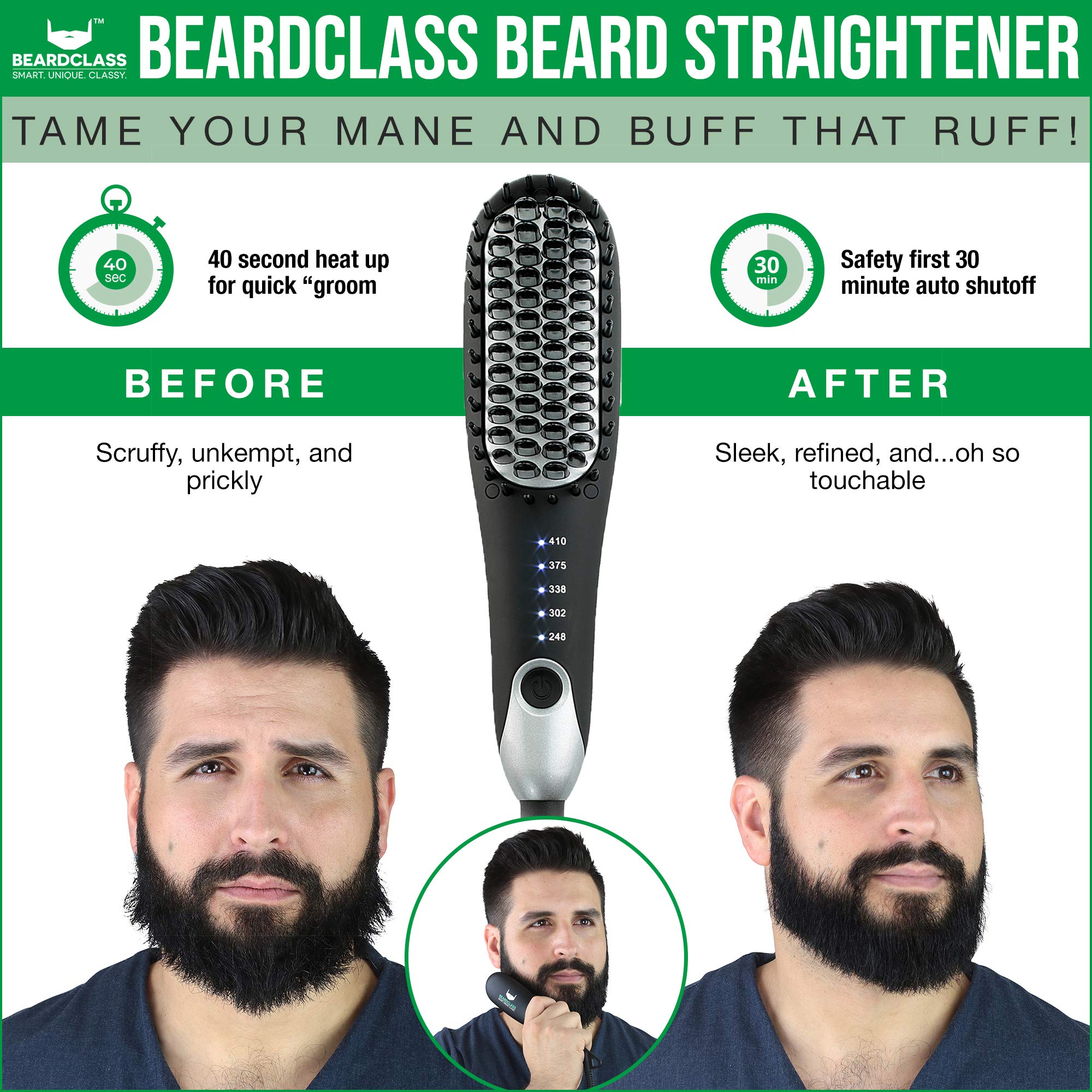 BEARDCLASS Premium Beard Straightener Comb - USA Designed for Beards! Fast Heating Electric Straightening Brush for Men with Anti-Scald Technology - Adjustable Temperature Portable Heated Straightner