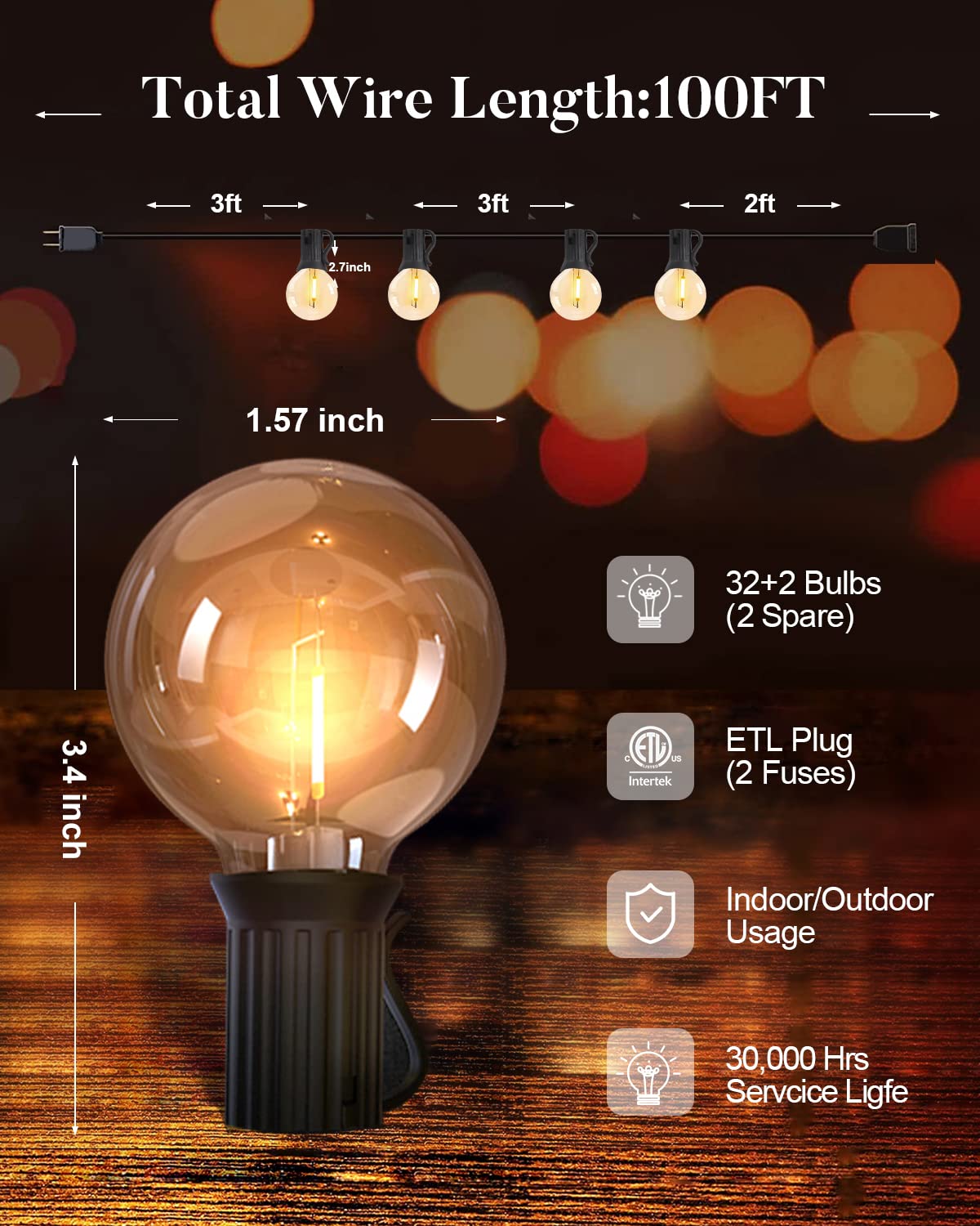 Lightdot 100Feet Outdoor String Lights for Patio, LED G40 Bistro Light 2700K with 34 Edison Shatterproof Bulbs(2 Spare), Commercial Waterproof Backyard Hanging Light for Backyard Party