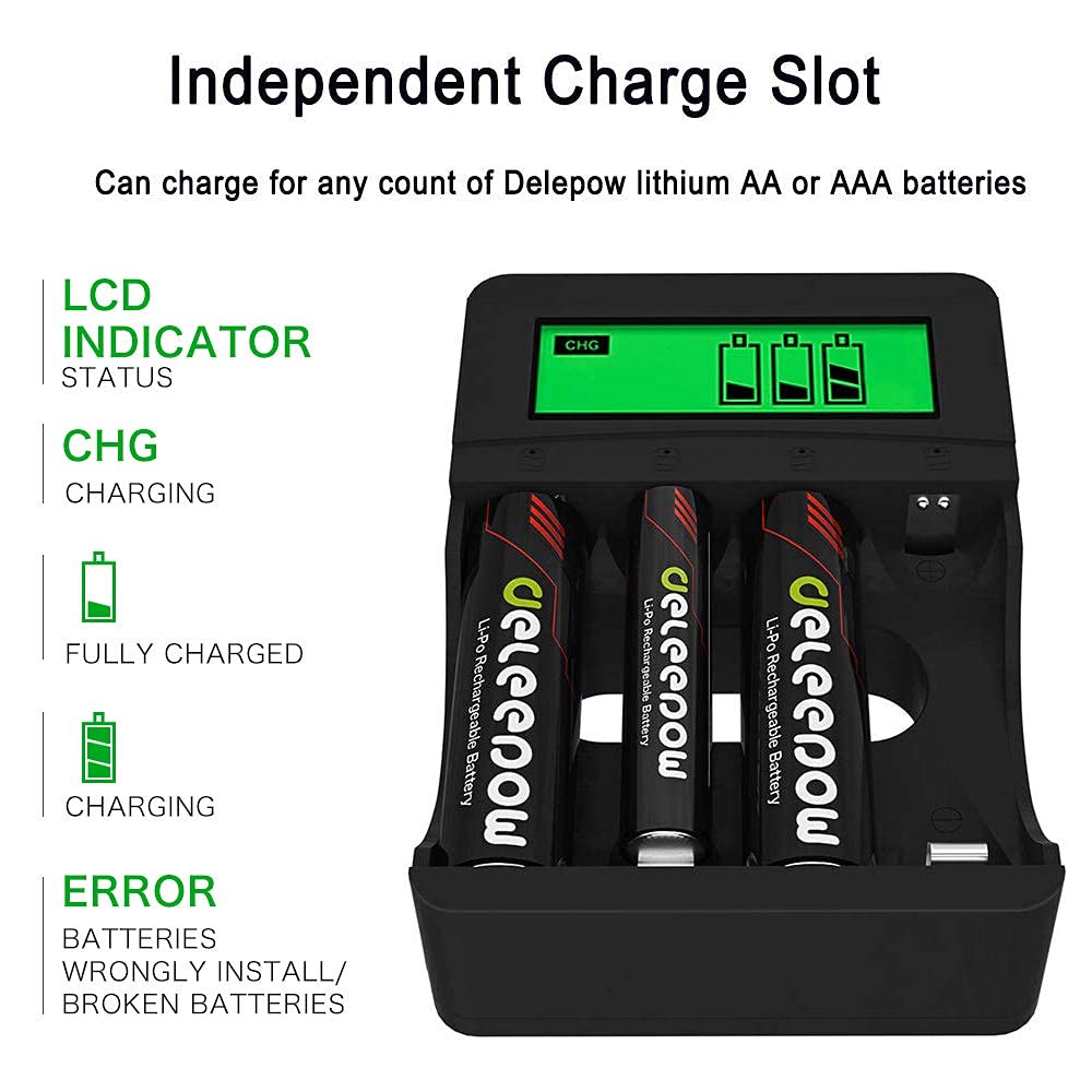 Deleepow Rechargeable AAA Batteries 1200mWh AAA Lithium Rechargeable Batteries 4-Pack 1.5V 1500 Cycle with LCD Charger