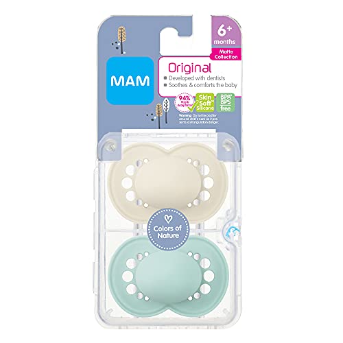 MAM Original Matte Pacifier (1 Sterilizing Pacifier Case), Pacifiers 6 Plus Months, Unisex Baby Pacifier, Best Pacifiers for Breastfed Babies, Sterilizing Storage Case, 6-16 Months (Pack of 2)
