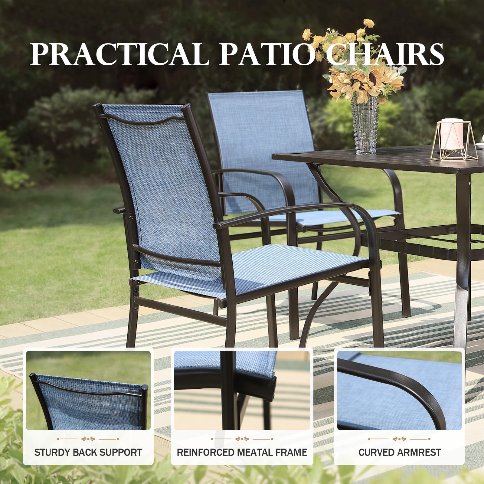 HERA'S HOUSE 5 Pieces Patio Dining Set, Outdoor Table and Chairs Set for 4, 4 x Blue Textilene Dining Chair, 37" Square Metal Dining Table, for Lawn Garden Backyard Deck