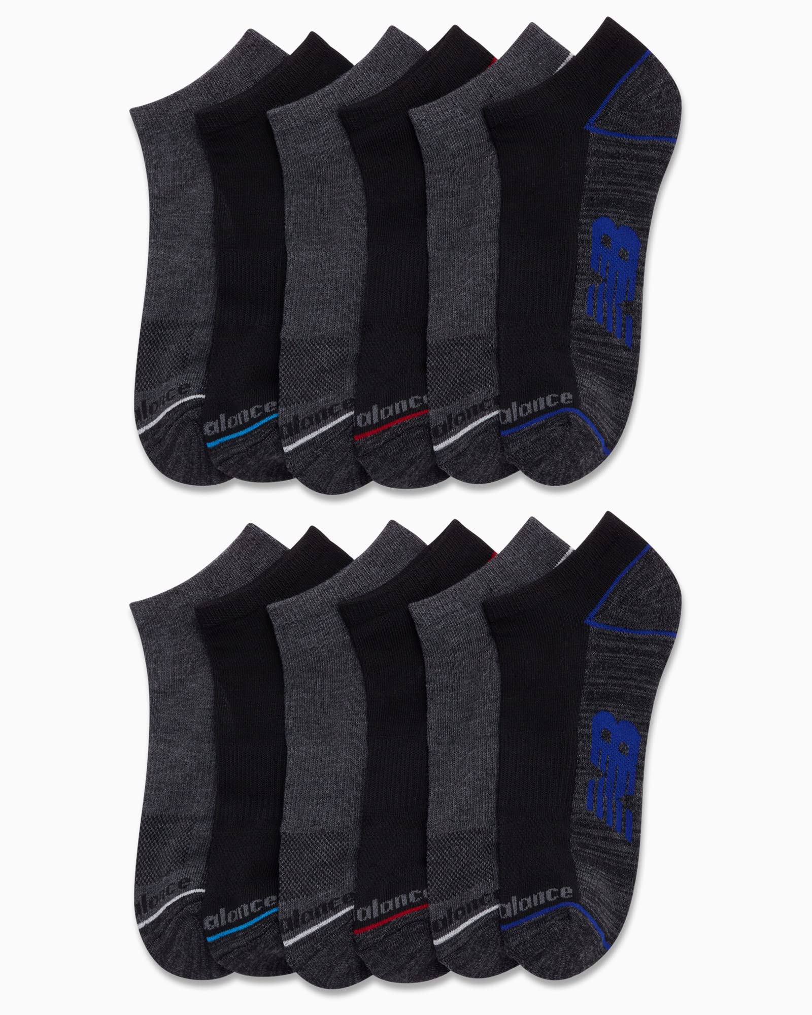 New Balance Men's Low Cut Socks - 12 Pack Performance Cushion No Show Athletic Socks for Men with Arch Support (Size: 6-12.5), Size 6-12.5, Black/Grey Assorted