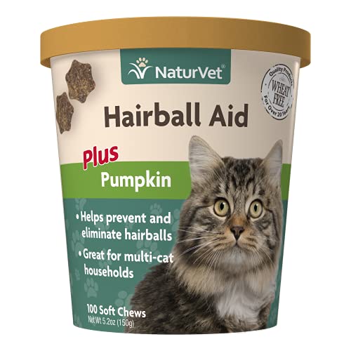 NaturVet ā Hairball Aid Supplement for Cats - Plus Pumpkin ā Helps Eliminate & Prevent Hairballs ā 100 Soft Chews