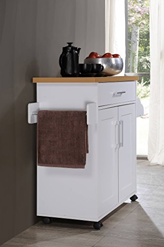 Hodedah Kitchen Island with Spice Rack, Towel Rack & Drawer, White with Beech Top, 15.5 x 35.5-44.9 x 35.2 inches