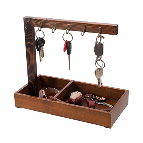 Entryway Hanging Key Holder with 5 Hooks for Desk Tabletop,Solid Wood Jewelry Storage Tray,Home Decorative Key Rack Organizer,L11.8''*W5.9''*H9.8ββ, Black Walnut