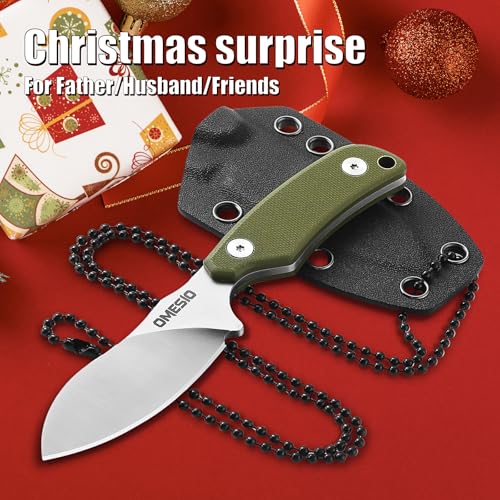Omesio Neck Knife, Full Tang EDC Knife Necklace for Men, 5.82" Fixed Blade Knife with Kydex Sheath and Clip, Nessmuk Blade Small Knife D2 Steel G10 Handle for Outdoor, Survival, Camping