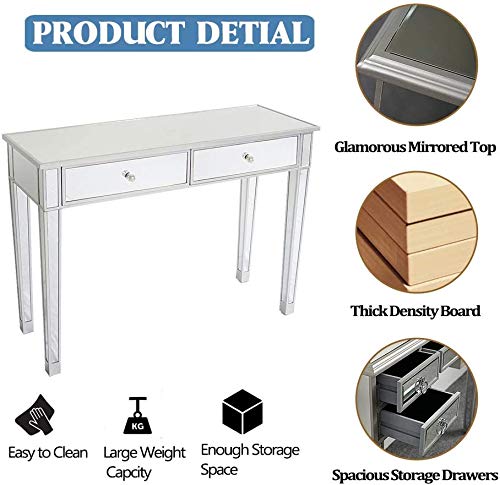 Binrrio Mirrored Console Table, Silver Glass Mirrored Makeup Vanity Table Desk for Women, Writing Desk Media Console Table for Home Living Room Bedroom Office Smooth Finish (Sliver-2 Drawers)