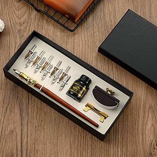 NC Calligraphy Dip Pen Set, Retro European Style Wooden Ink Pen Business Gift, 10 Nibs, 15ml Ink, Pen Holder, Packing Box