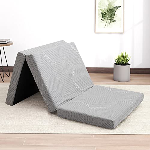 IULULU Folding Mattress, 4-Inch Single Size Tri-Fold Memory Foam Mattress Topper with Breathable & Washable Cover, Portable and Foldable Mattress for Floor, Guest Bed, Camping - CertiPUR-US Certified , Grey
