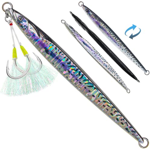 Gefischtter Fishing Jigs Vertical Saltwater Jigs Metal Jigging Spoon Slow Jigging Pitching Fishing Lures with Assist Hooks for Tuna,Bass,Dogtooth,Grouper/200g (Sliver 6.35oz)