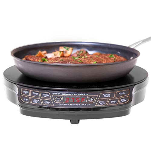 Nuwave Gold Precision Induction Cooktop, Portable, Powerful Large 8” Heating Coil, 12” Shatter-Proof, Heat-Resistant Ceramic Glass Surface, 10.5” Duralon Healthy Ceramic Non-Stick Fry Pan Included