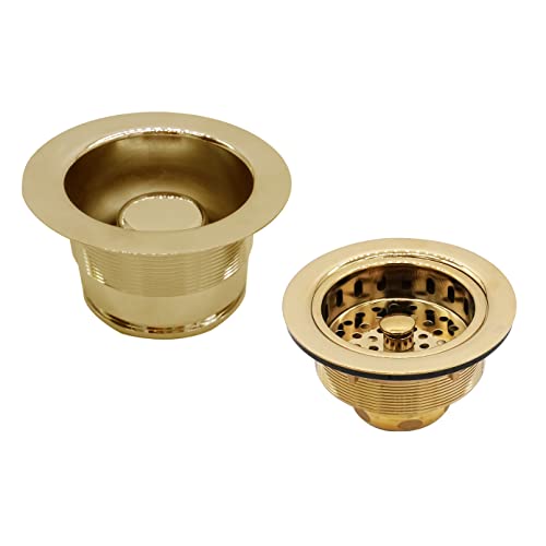 Westbrass CO2185-01 Combo Pack 3-1/2" Post Style Large Kitchen Sink Basket Strainer and Waste Disposal Drain Flange with Stopper, Polished Brass