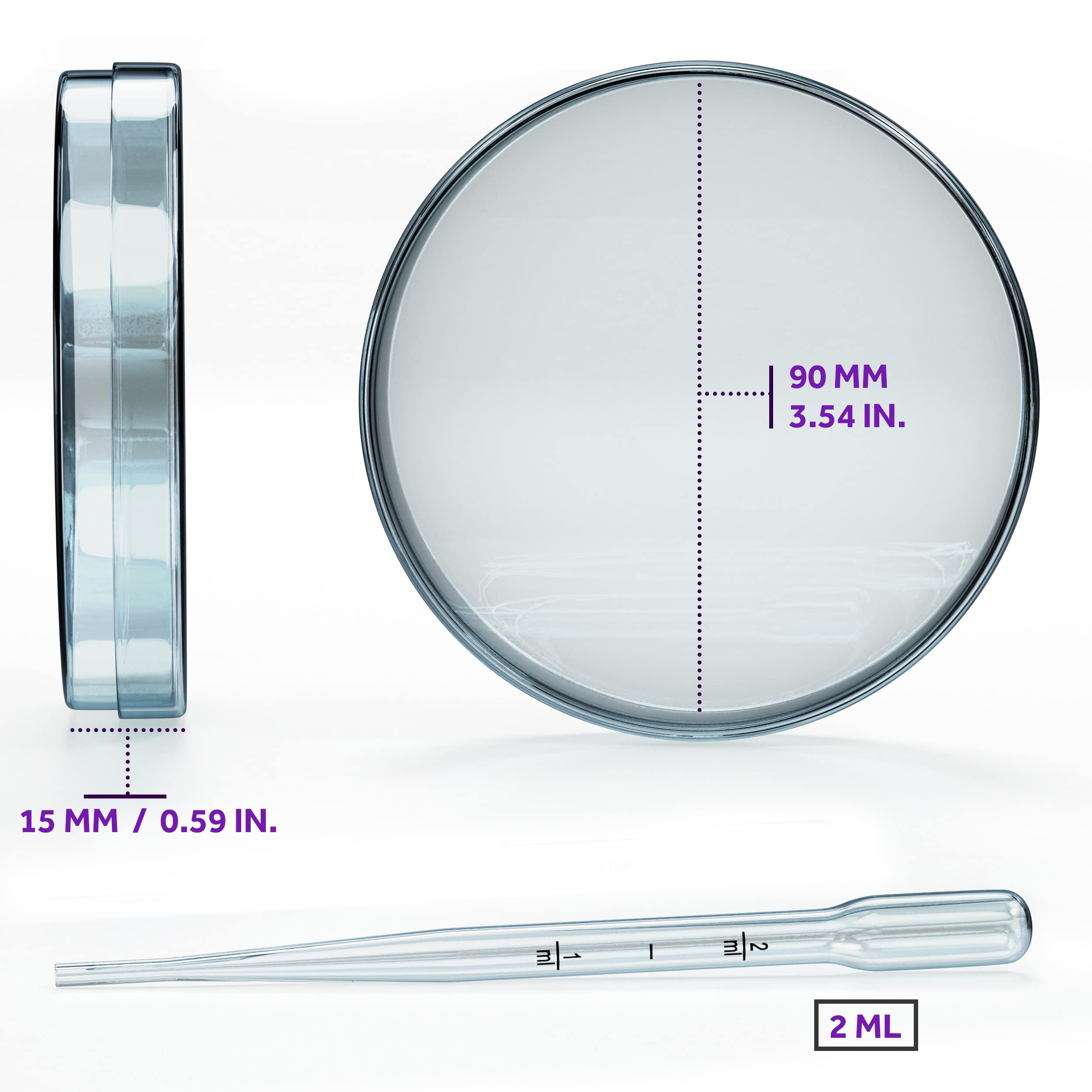 MyMed Pack of 20 Sterile Petri Dishes with Lids (90 x 15 mm), 2ml Plastic Pipettes for Lab Analysis, School Projects, Blood Samples, Bacteria, Plant & Seed Cultivation Petri Dish (20)