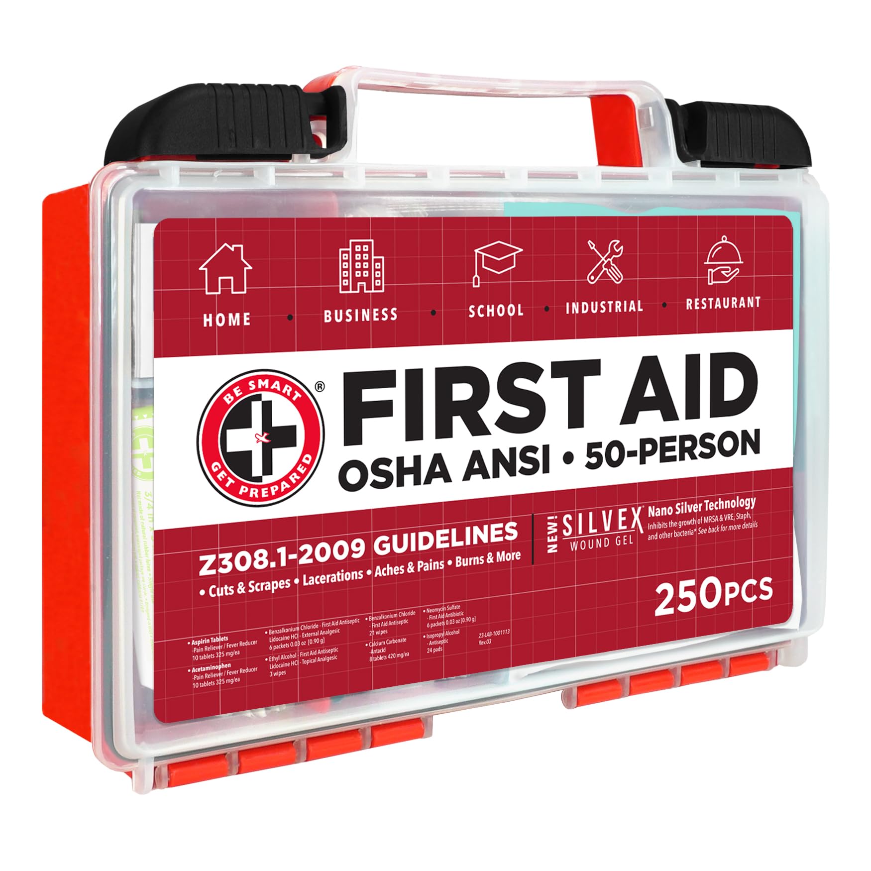 Be Smart Get Prepared OSHA/ANSI First Aid Kit - 50 Person, 250 Pieces - Designed for Home, Business, School, Industrial, and Restaurants - Compact & Portable