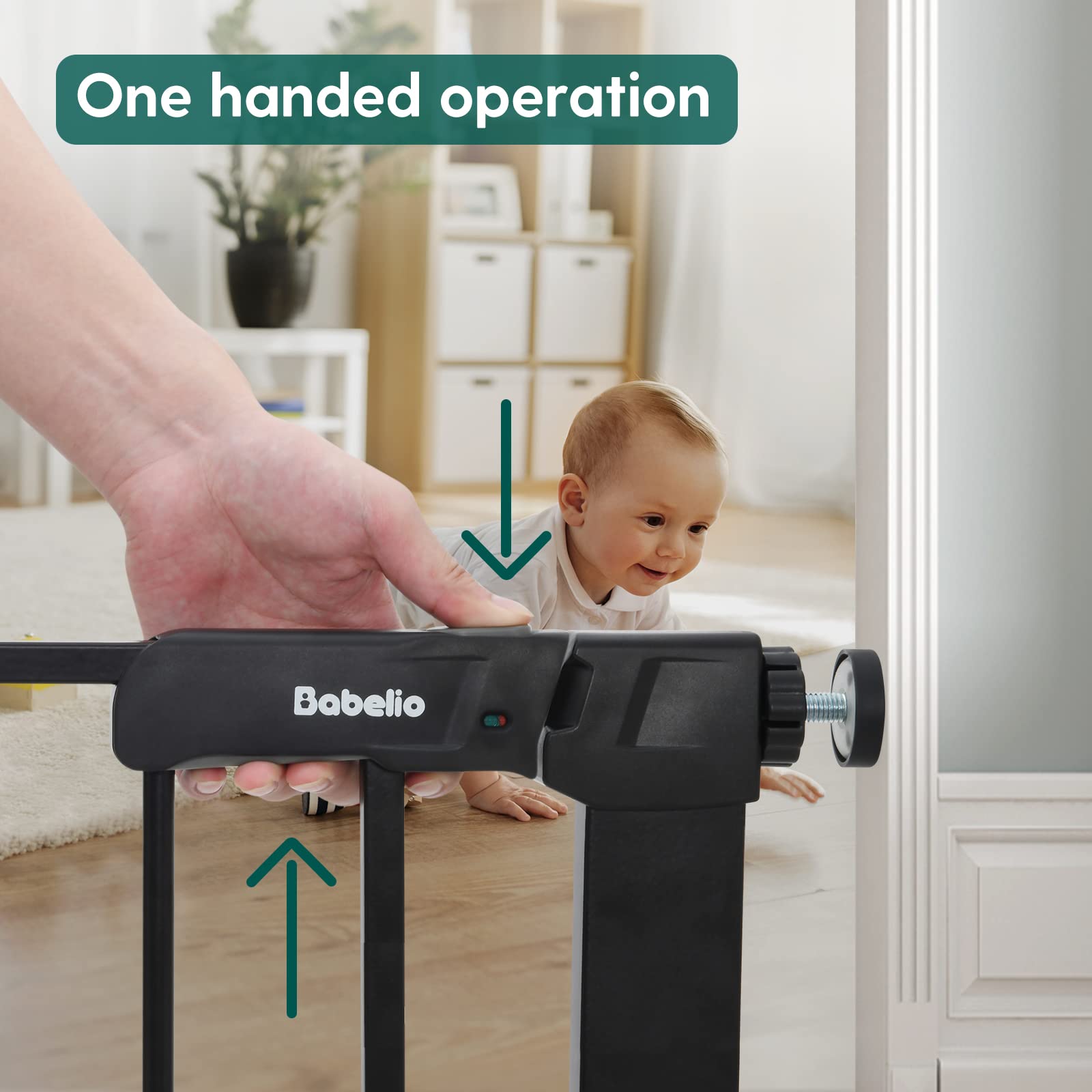 BABELIO 26-34.5 Inch Easy Install Narrow Pressure Mounted Metal Baby Gate, No Drilling, No Tools Required, with Wall Protectors and Extenders (Black)