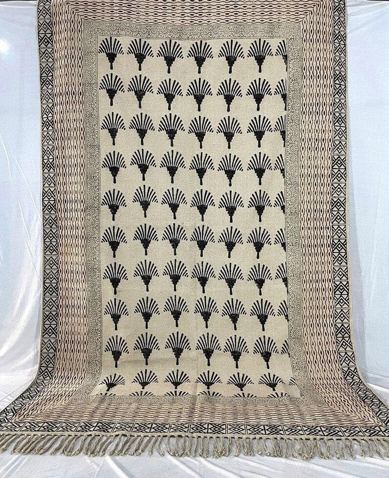 Hand Printed Block Print Rug Flatweave Area Rug Boho Rug Cotton Rug (4' x 6') Black&cream