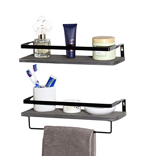 Floating Shelves Wall Mounted Storage Shelves for Kitchen , Bathroom, Bedroom,Living Room,Office. Set of 2 Gray Wood Shelf with Removable Towel Holder, Strong Black Metal Rail Frame. Color Grey