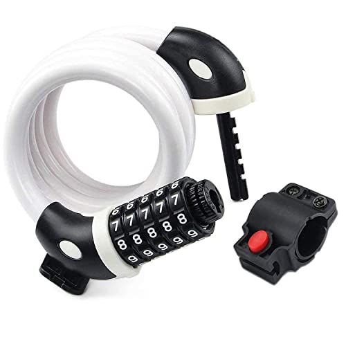 Bike Lock 120cm Cable Lock High Security 5 Digit Resettable Combination Coiling Bike Cable Lock, Anti Theft Bicycle Cable Locks with Mounting Bracket (White)