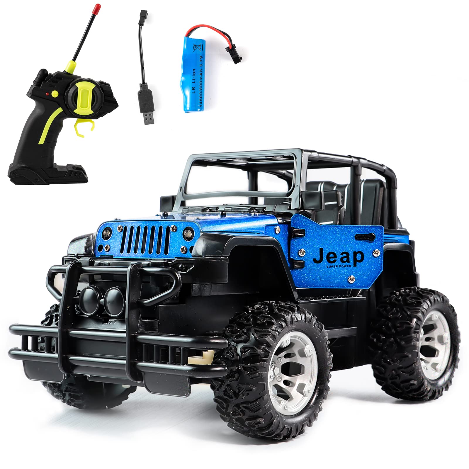 bibisash 1:20 Scale Remote Control Car, Non-Slip Off-Road Toy Car with Friction Powered Wheels & Openable Doors, RC Jeep Toy for Kids & Children (Blue