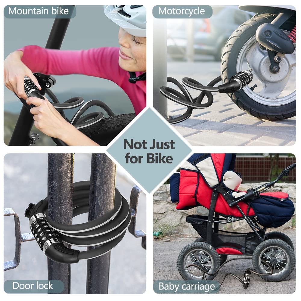 Bike Lock Cable 7feet, 5 Digit Resettable Combination Bicycle Lock with 12mm Flexible Self Coiling Braided Steel Cable,Keyless Convenience with Frame Mount Bracket