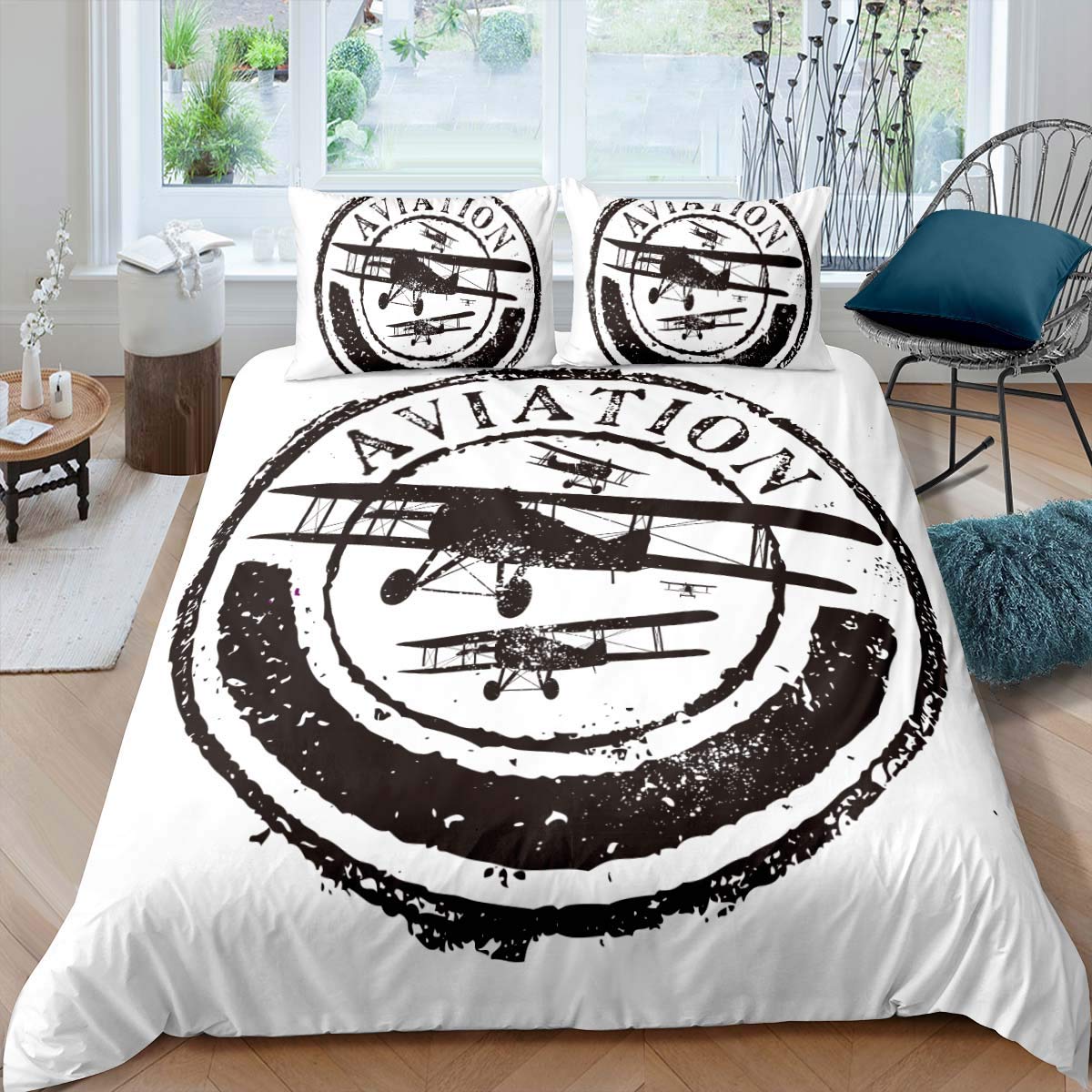 Feelyou Aviation Bedding Set for Teens Boys,Black and White Vintage Aircraft Comforter Cover Kids Child,Retro Hipster Lightweight Soft,Decor Queen Size 3 Pcs (1Duvet Cover+2 Pillowcases),Zipper