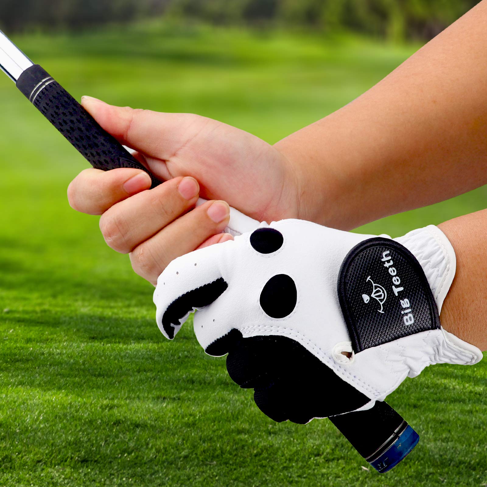 BIG TEETH Men’s Golf Gloves Men Left Hand Pack of 3Pcs Worn Right Handed Golfer,White Black Microfiber Soft Golf Gloves, Fit Size S M ML L XL (Medium, Left)