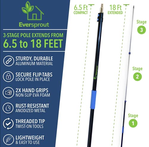EVERSPROUT Never-Scratch SnowBuster 6.5-to-18 Foot (Up to 24 ft Standing Reach) | Pre-Assembled Extendable Roof Rake for Snow Removal | Lightweight Aluminum, Soft Foam Pad | Exclusive Push/Pull Design