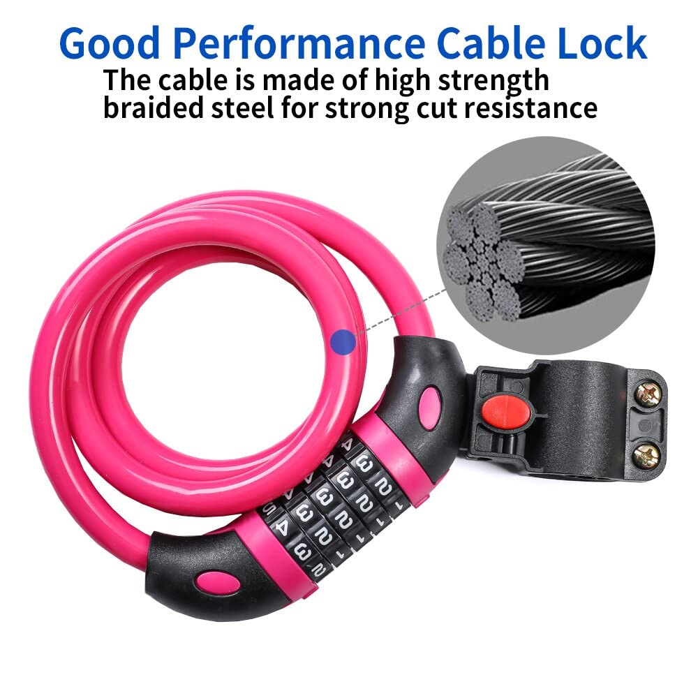 Bike Lock, Bike Cable Locks, Bike Combination Lock, with mounting Bracket,4 Feet Coiled Secure Resettable Combination Bike Bicycle Lock ,1/2 Inch Diameter (pink)