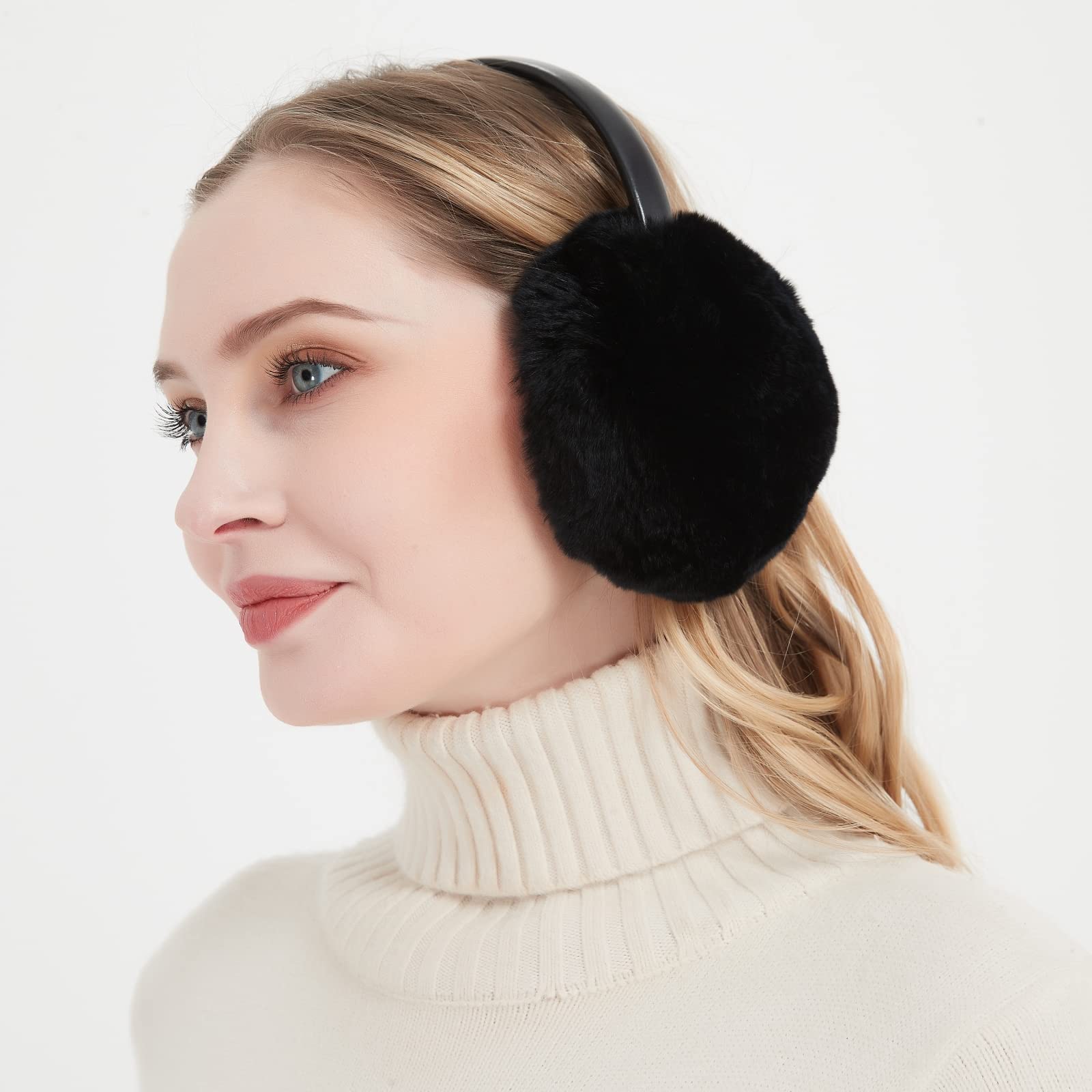 Bibury Real Rex Rabbit Fur Earmuffs with Leather Band, Winter Ear Muffs , Cold Weather Head Warmer (Black)