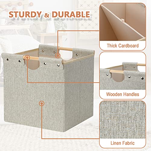 Posprica 13x13in Collapsible Storage Bins, 4 Pack Fabric Foldable Cube Storage Bins with Wooden Carry Handles, Decorative Storage Baskets for Bathroom Organizer, Shelves, Closet, Nursery, Toy -Beige