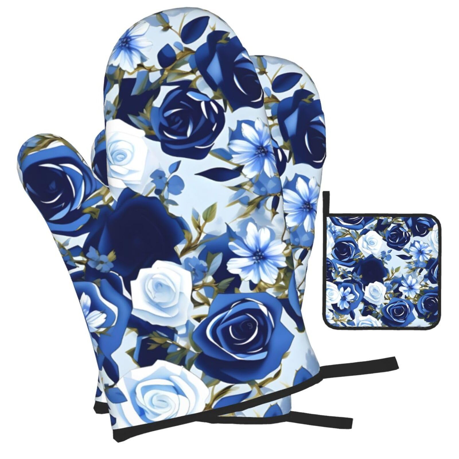 Blue Flower Floral Pattern Roses Oven Mitts and Pot Holders Set–Ultimate Heat Resistant Set for Kitchen and Dining