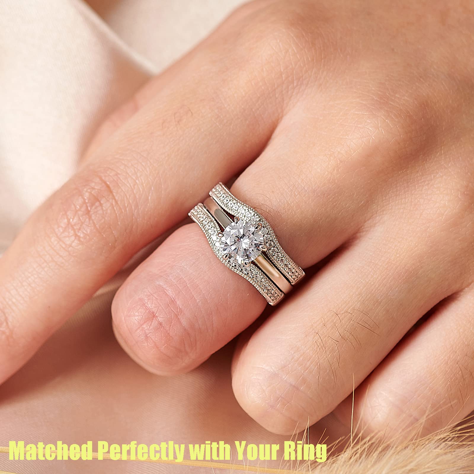 Blongme Curved Wedding Bands for Woman 925 Sterling Silver Ring Enhancer Guard for Engagement Wedding Rings Stackable Engagement Enhancer Guard AAAAA CZ Size 7