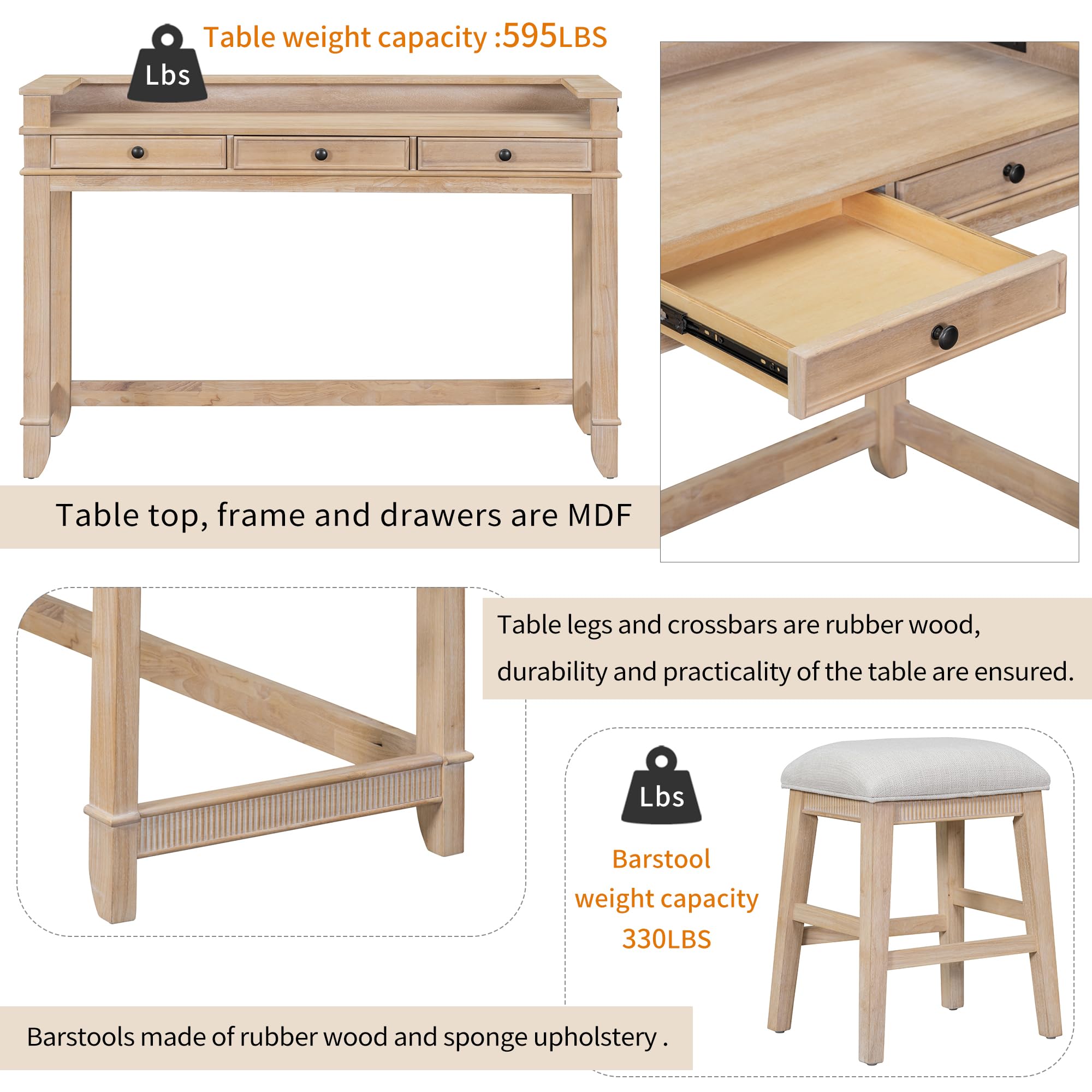 Biofocus 4-Piece Dining Bar Table Set with 3 Upholstered Stools, Multifunctional Dining Table with 3 Drawers for Kitchen Living Room Bedroom (Natural Wood Wash)