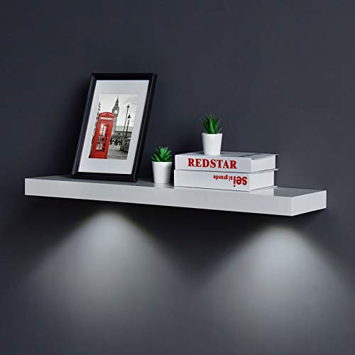WELLAND White Floating Shelf with Touch-Sensing Battery Powered LED Light,Wall Mounted Display Shelves for Entrance, Living Room, Bedroom, Kitchen and Bathroom (36-INCH, White)